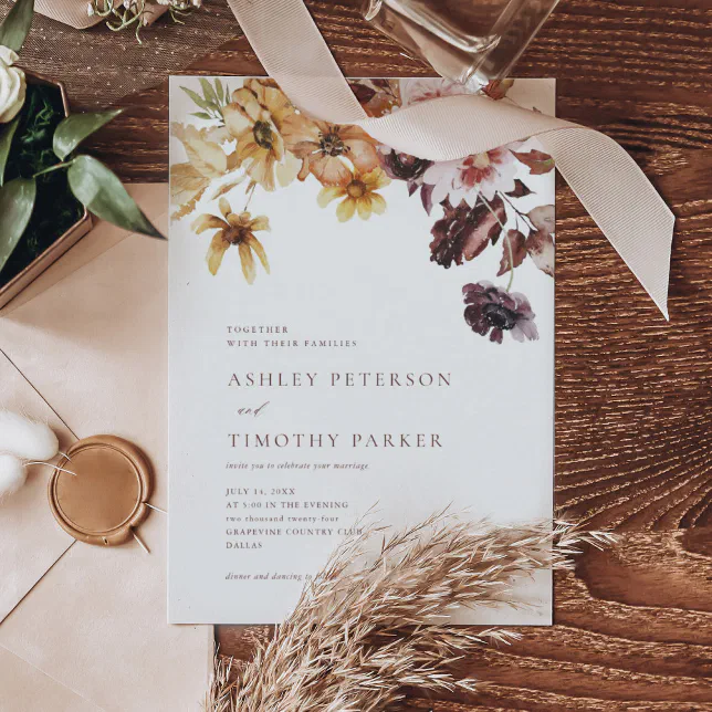 Rustic Fall Floral Boho Wedding Invitation | Zazzle