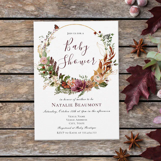 Rustic Fall Floral & Greenery Baby Shower Invitation | Zazzle