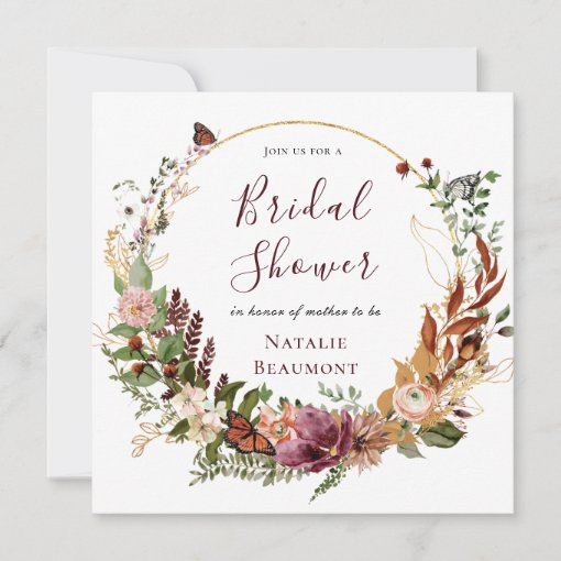 Rustic Fall Floral & Greenery Square Bridal Shower Invitation | Zazzle