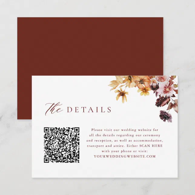 Rustic Fall Floral QR Code Wedding Details Enclosure Card | Zazzle