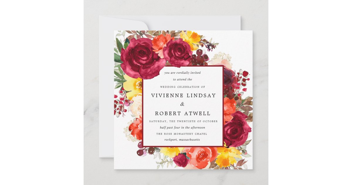 Rustic Fall Floral Square Wedding Invitation | Zazzle