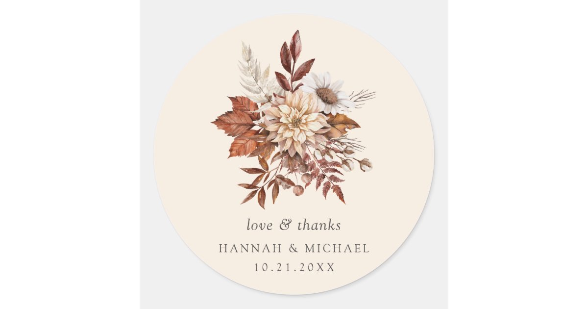 Rustic Fall Floral Wedding Thank You Classic Round Sticker | Zazzle