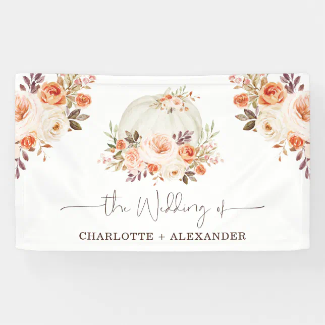 Rustic Fall Floral White Pumpkin Wedding Party Banner | Zazzle