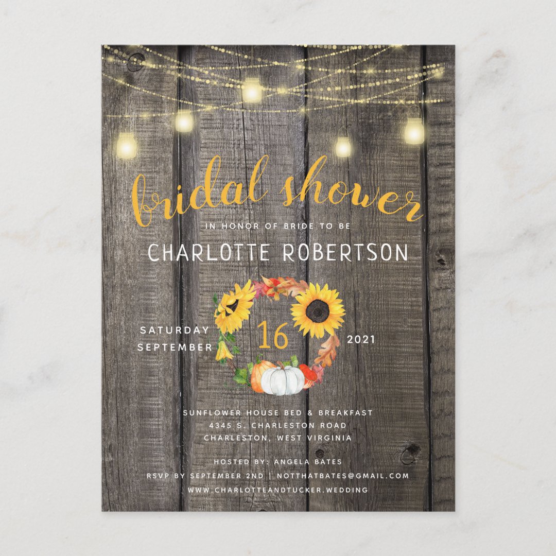 Rustic Fall Floral Wreath Barnwood Bridal Shower Postcard | Zazzle