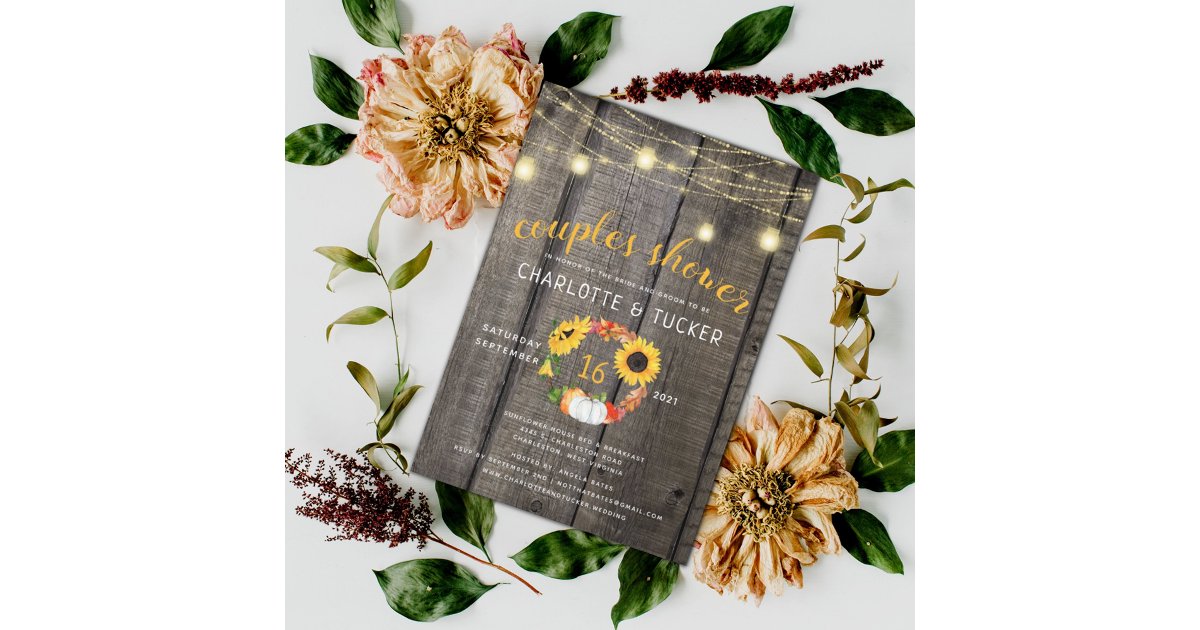 Rustic Fall Floral Wreath Barnwood Couples Shower Invitation | Zazzle