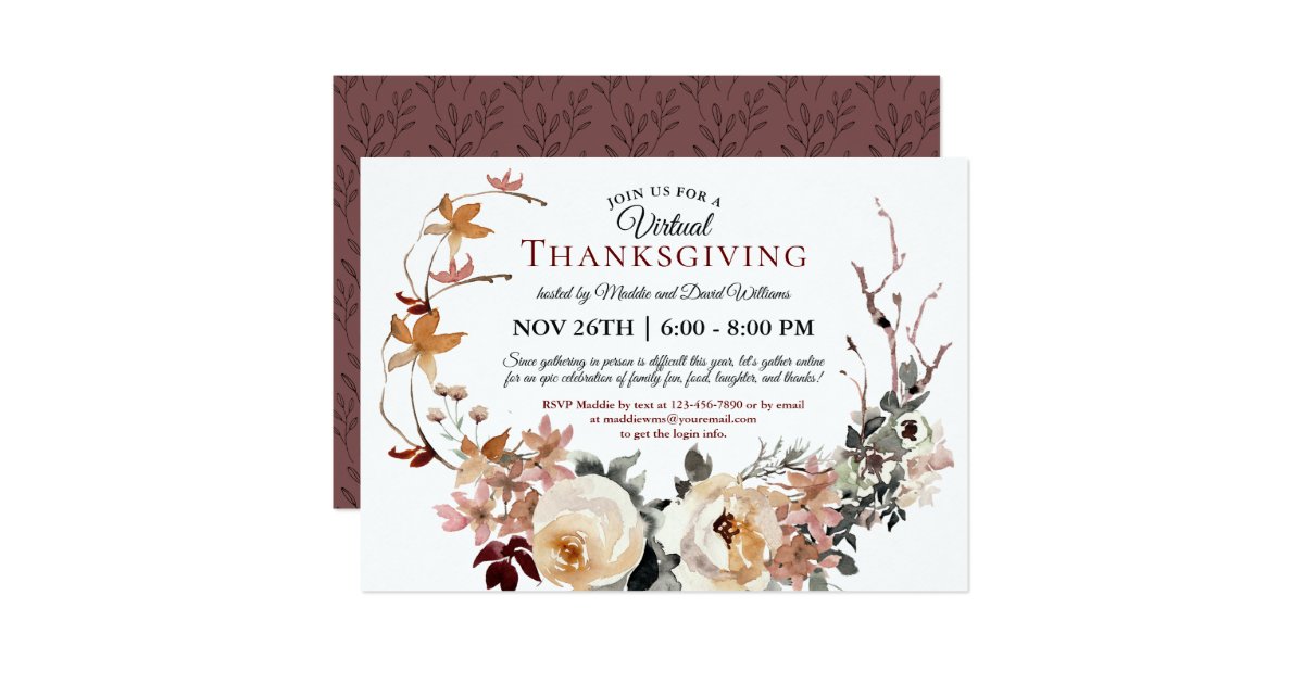 Rustic Fall Floral Wreath Virtual Thanksgiving Invitation | Zazzle.com