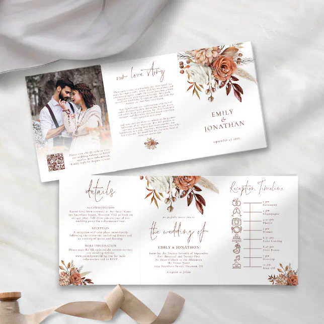 Rustic Fall Florals Photo QR Code Timeline Wedding Tri-Fold Invitation ...