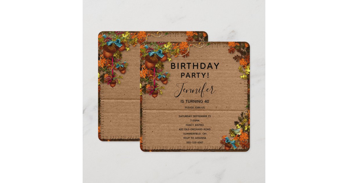 Rustic Fall Flowers & Acorns Birthday Invitation | Zazzle
