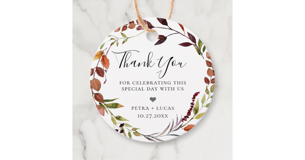 Rustic Fall Foliage Wreath Thank You Favor Tags | Zazzle
