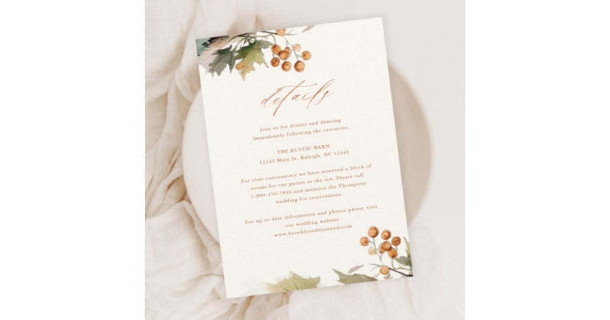 Rustic Fall Greenery Leaves Foliage Wedding Detail Enclosure Card | Zazzle