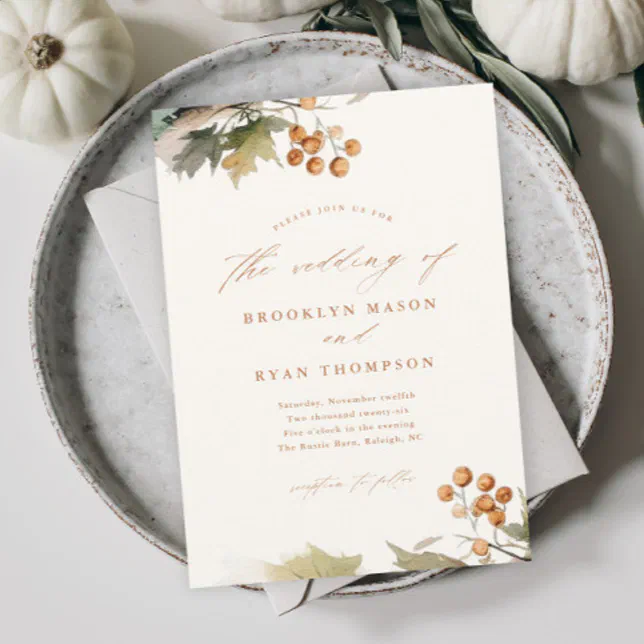 Rustic Fall Greenery Leaves Foliage Wedding Invitation | Zazzle