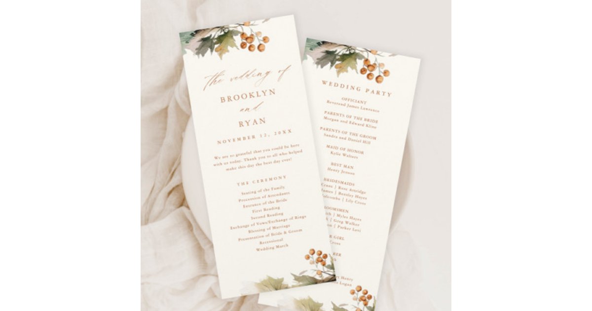 Rustic Fall Greenery Leaves Foliage Wedding Program | Zazzle