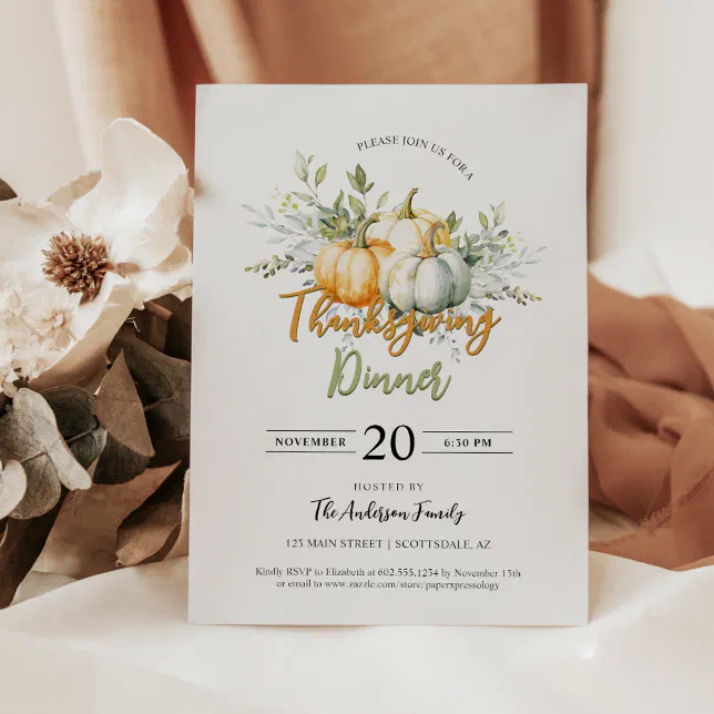 Rustic Fall Greenery Leaves Pumpkin Thanksgiving Invitation | Zazzle