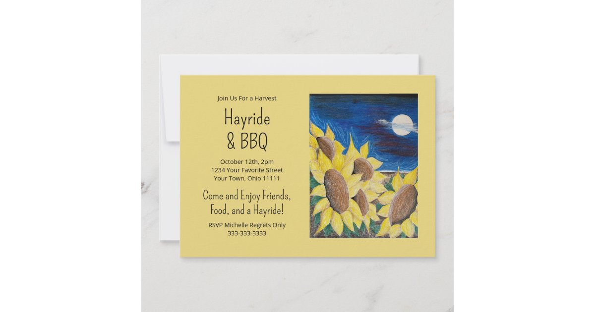Rustic Fall Hayride Barbecue Sunflowers Folk Art Invitation | Zazzle