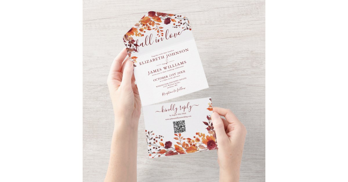 Rustic Fall In Love Autumn Floral QR Code Wedding All In One Invitation ...