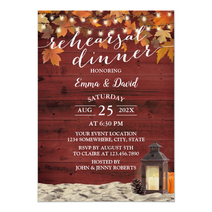 Rustic Fall Lantern Red Barn Wood Rehearsal Dinner Invitation | Zazzle.com