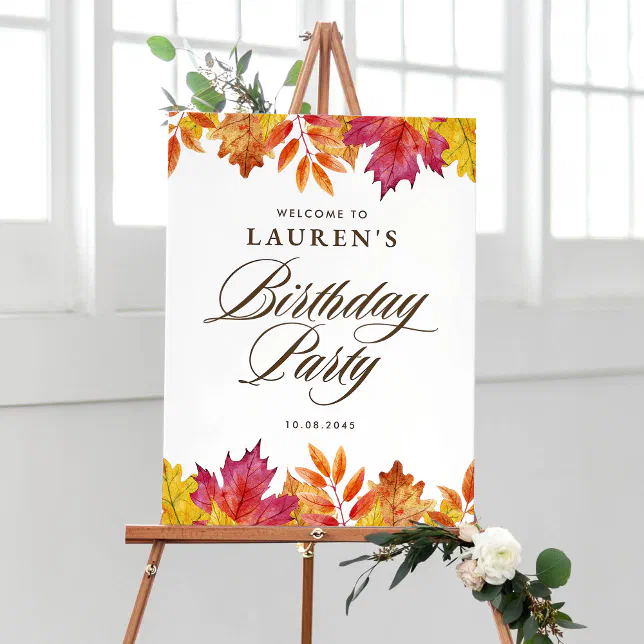 Rustic Fall Leaves Autumn Birthday Party Welcome Poster | Zazzle