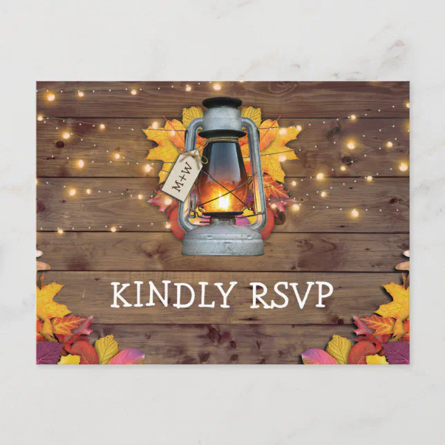 Rustic Fall Lights Autumn Leaves Wedding RSVP Invitation Postcard | Zazzle