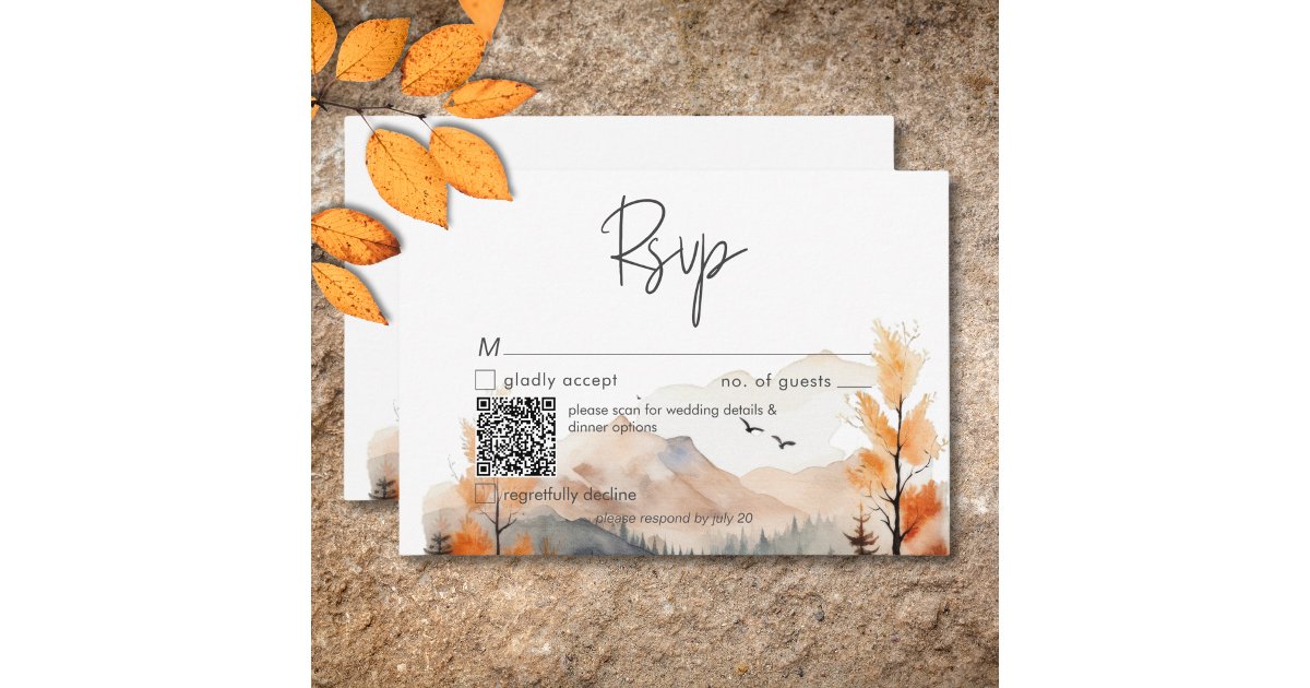 Rustic Fall Mountain Scene Watercolor QR Code RSVP Card | Zazzle