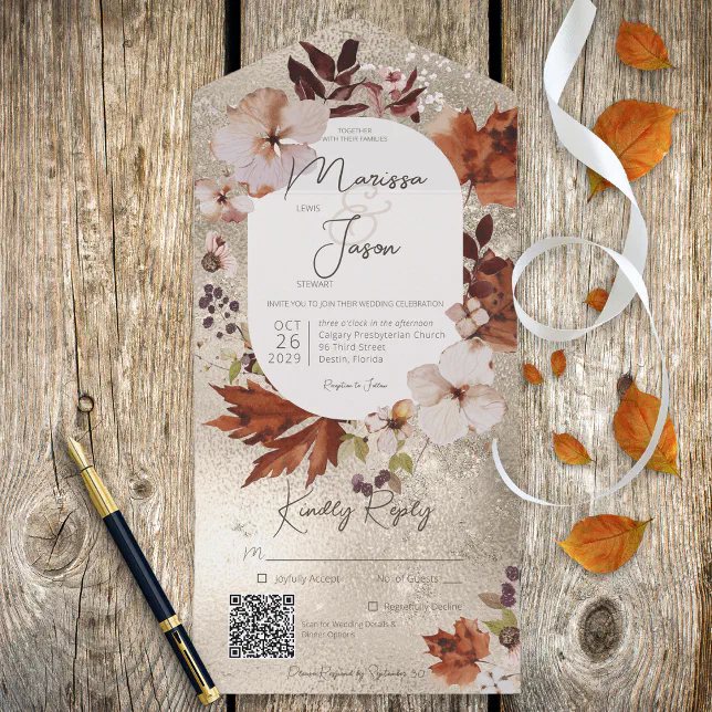 Rustic Fall Neutral Wreath Gold QR Code All In One Invitation | Zazzle