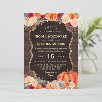 Rustic Fall Orange Pumpkin floral wedding Invitation | Zazzle