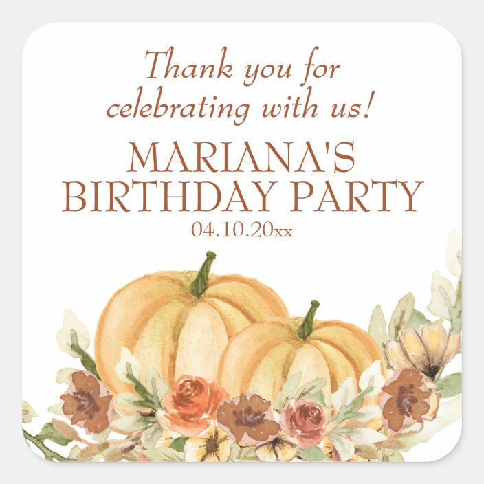 Rustic Fall Pumpkin Birthday Party Favor Square Sticker | Zazzle