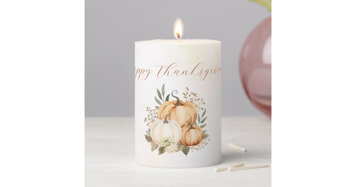 Rustic Fall Pumpkin Floral Happy Thanksgiving Pillar Candle | Zazzle