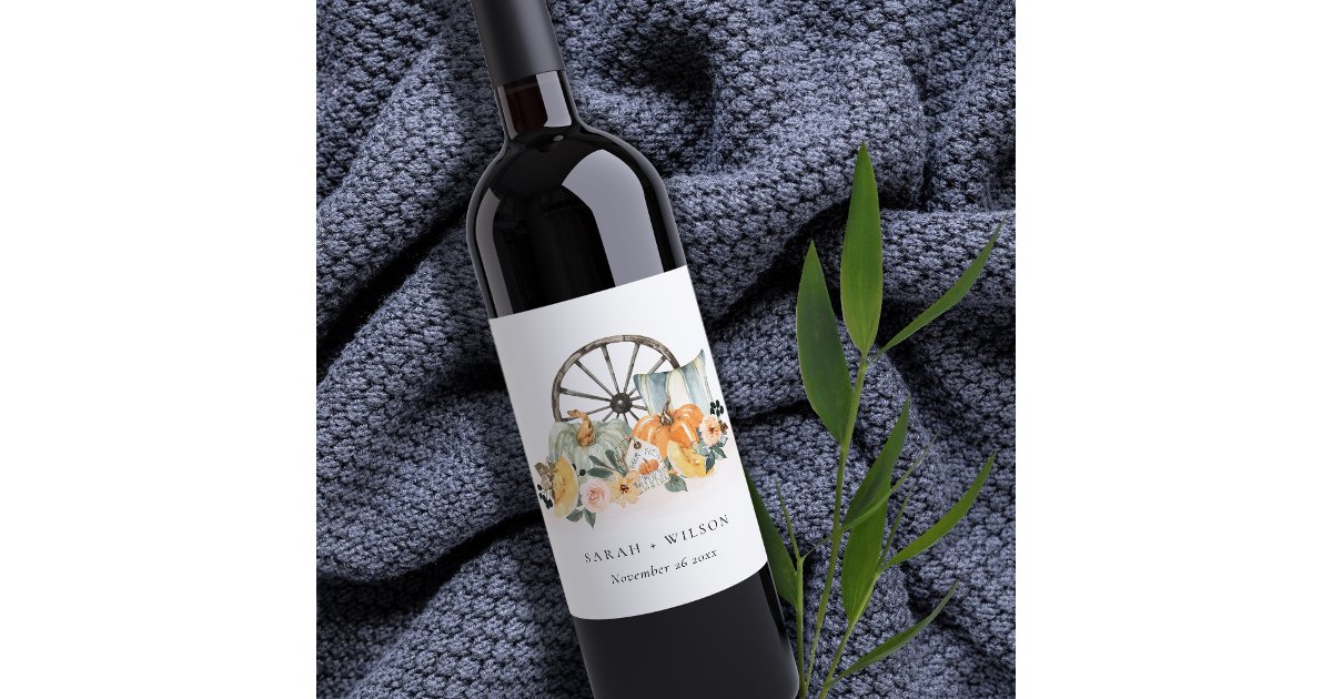 Rustic Fall Pumpkin Leafy Floral Wheel Wedding Wine Label | Zazzle