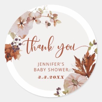 Rustic fall pumpkin thank you classic round sticker | Zazzle