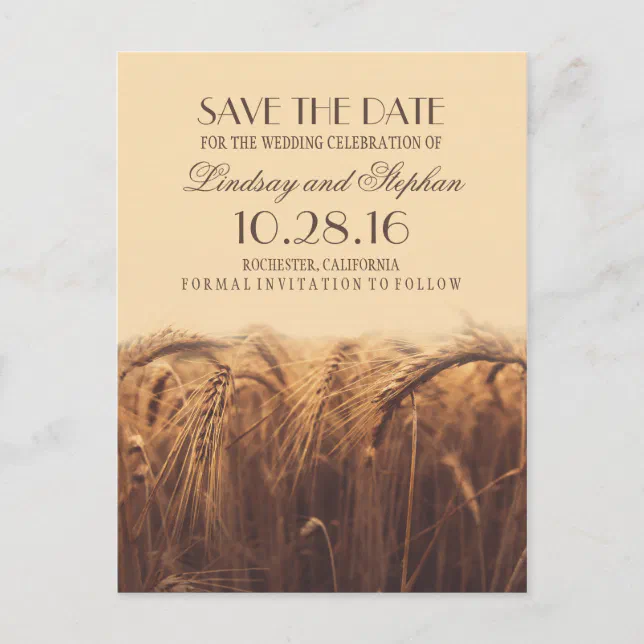 Rustic fall save the date postcards with wheat | Zazzle