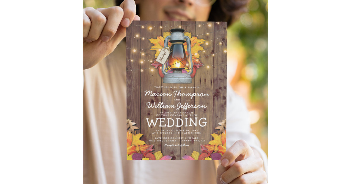 Rustic Fall String Lights Autumn Leaves Wedding Invitation | Zazzle