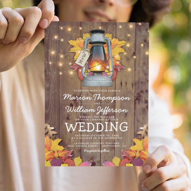 Rustic Fall String Lights Autumn Leaves Wedding Invitation | Zazzle