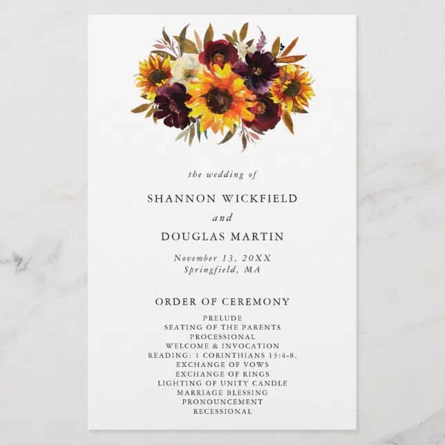 Rustic Fall Sunflower Budget Wedding Program Flyer | Zazzle