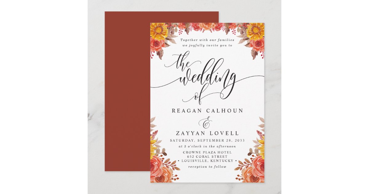 Rustic Fall Terracotta Floral Wedding Invitation | Zazzle