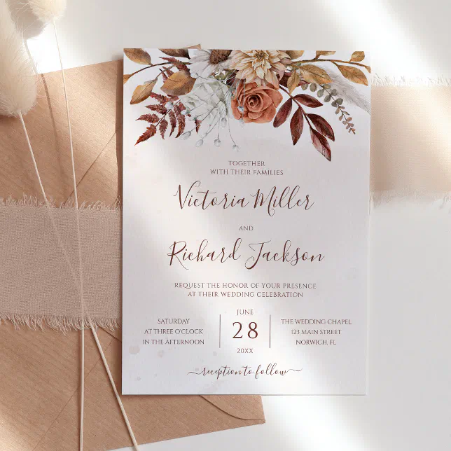 Rustic Fall Terracotta Florals Wedding Invitation | Zazzle