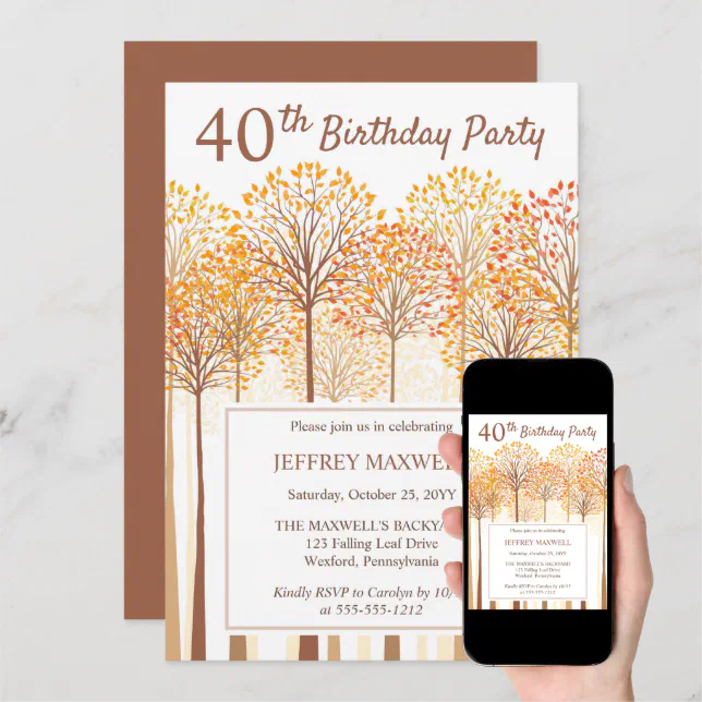 Rustic Fall Trees Terracotta 40th Birthday Party Invitation | Zazzle