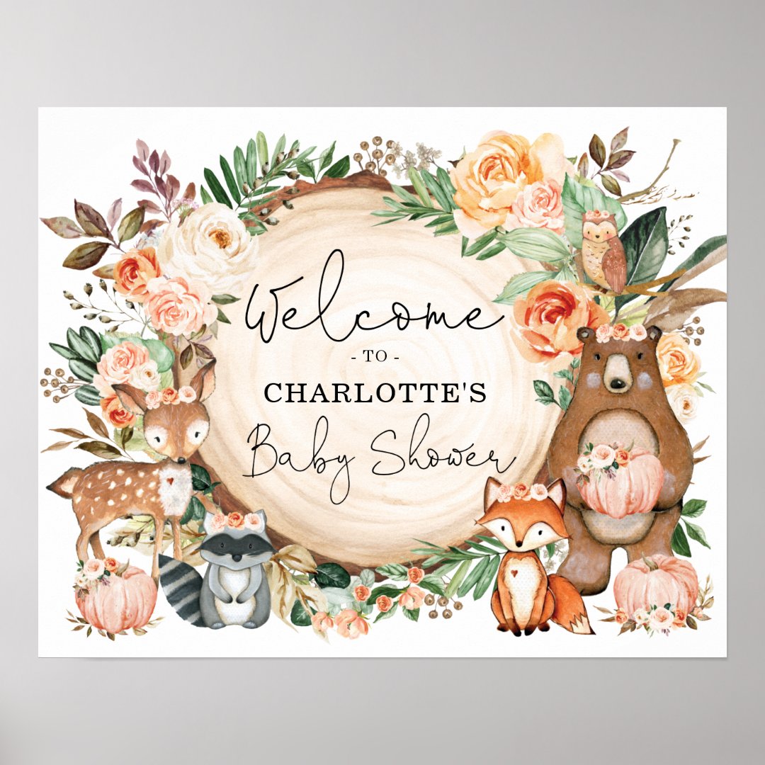 Rustic Fall Woodland Animals Baby Shower Welcome Poster | Zazzle