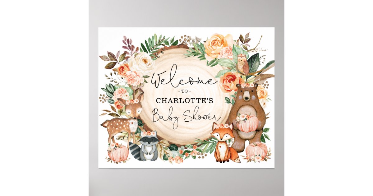 Rustic Fall Woodland Animals Baby Shower Welcome Poster | Zazzle