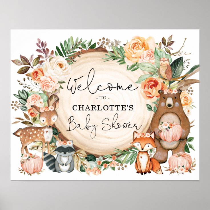 Rustic Fall Woodland Animals Baby Shower Welcome Poster | Zazzle