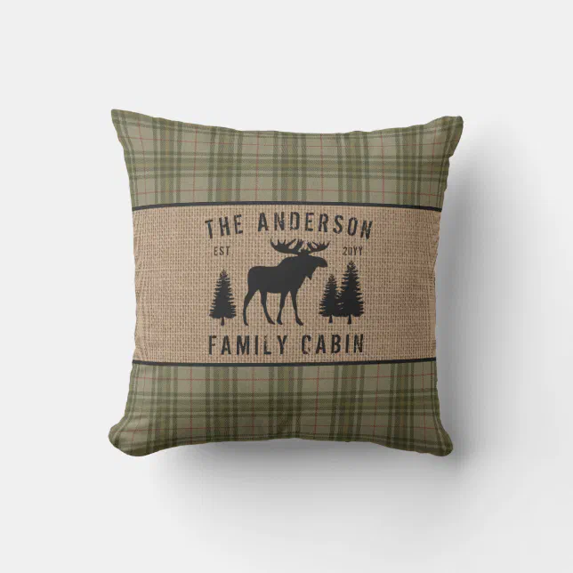 Rustic Family Cabin Moose Pine Green Plaid Burlap Outdoor Pillow | Zazzle