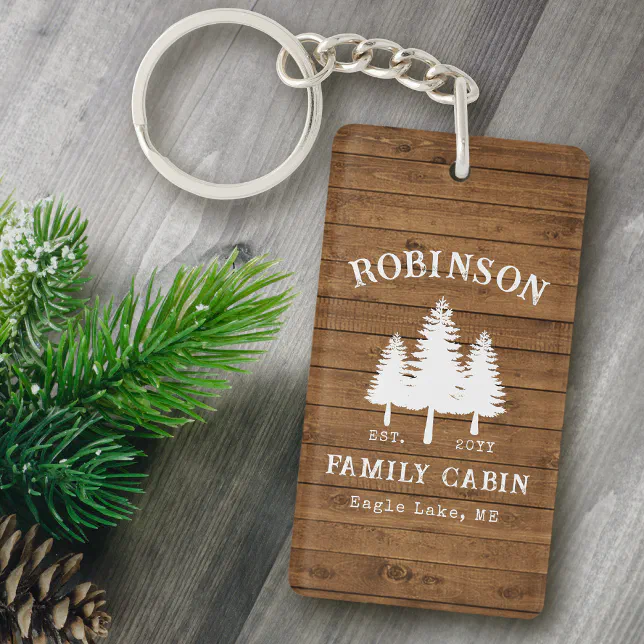 Rustic Family Cabin Pine Trees Wood Plank 2 Sided Keychain | Zazzle