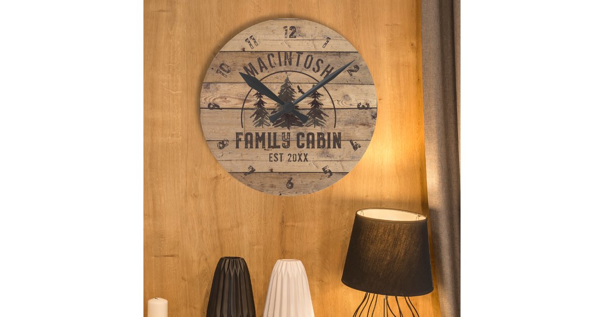 Rustic Family Cabin Wood Personalized Round Round Clock | Zazzle