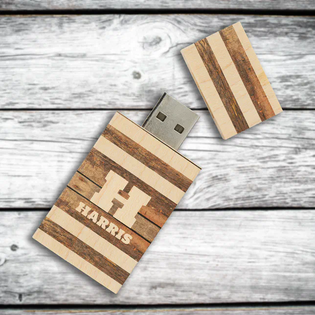 Rustic Family Monogram Custom stripped Wood Flash Drive | Zazzle