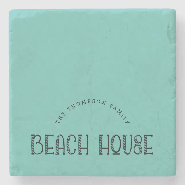 Rustic Family Name Beach House Typography Teal Stone Coaster | Zazzle