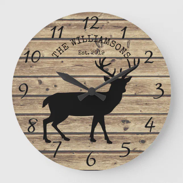 Rustic Family Name Wood Cabin Deer Buck Large Clock | Zazzle