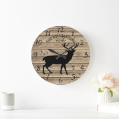 Rustic Family Name Wood Cabin Deer Buck Large Clock | Zazzle