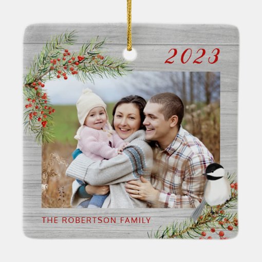 Rustic Family Photo Christmas Chickadee Ceramic Ornament | Zazzle