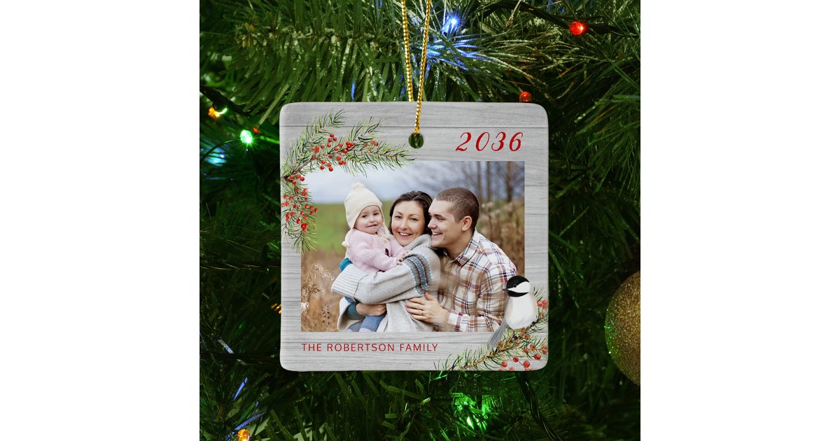 Rustic Family Photo Christmas Chickadee Ceramic Ornament | Zazzle