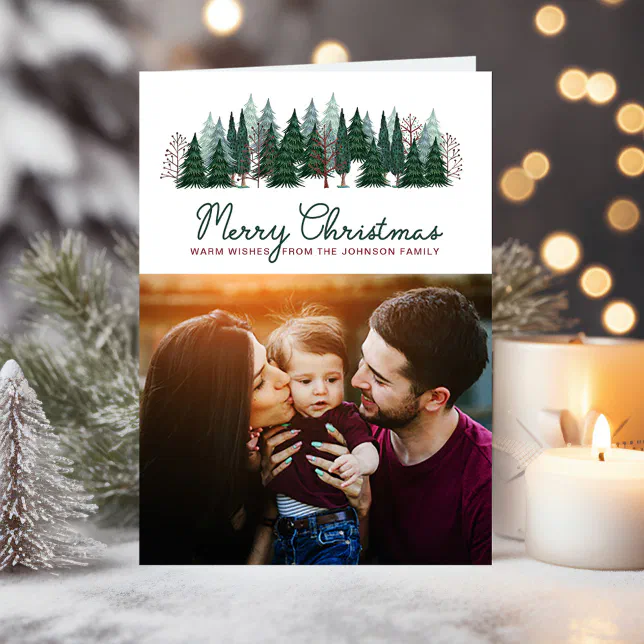 Rustic Family Photo Christmas Pine Tree Holiday Card | Zazzle