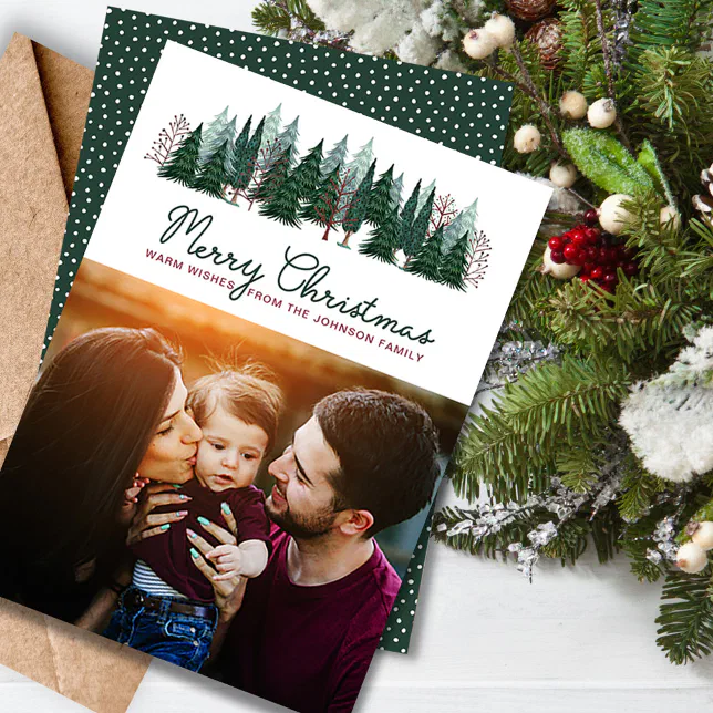 Rustic Family Photo Christmas Pine Tree Holiday Card | Zazzle